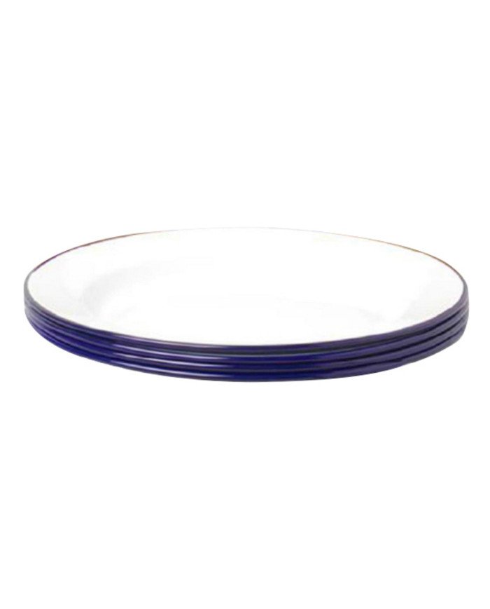 FLAT PLATE WITH BLUE RIM STEEL ENAMEL ROUND WHITE 24CM (4 PIECES)