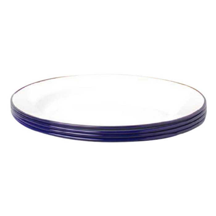 FLAT PLATE WITH BLUE RIM STEEL ENAMEL ROUND WHITE 24CM (4 PIECES)