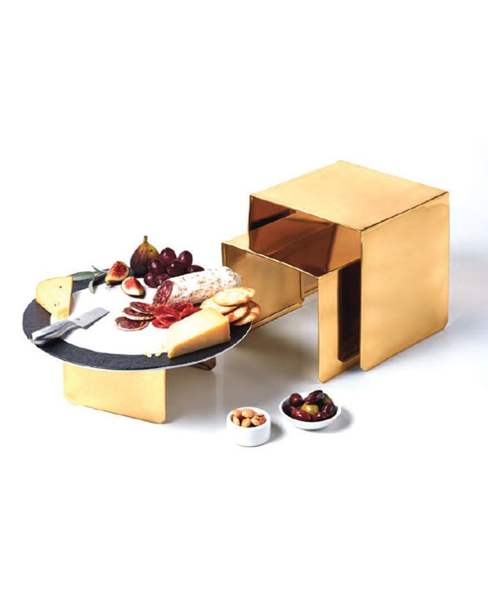 SQUARE BUFFET RISER SET OF 3 SQUARE GOLD STAINLESS STEEL